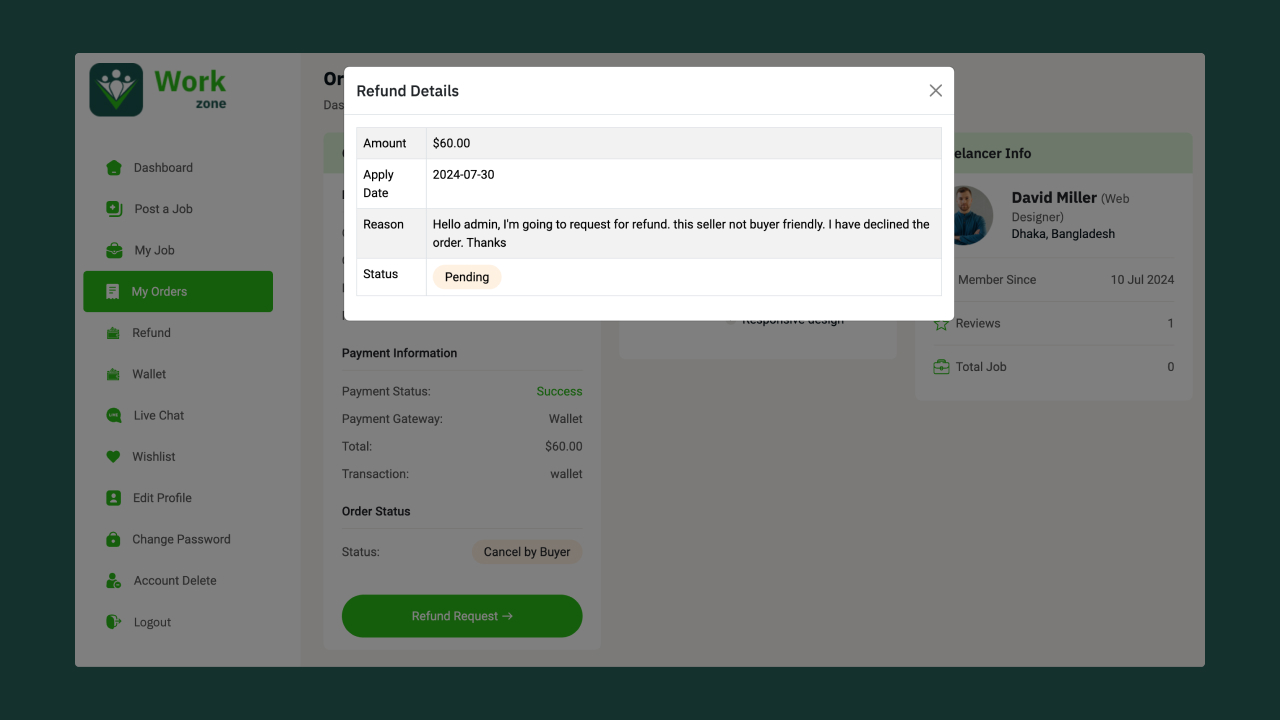Workzone - Freelancer Marketplace Refund Plugin by QuomodoTheme | CodeCanyon